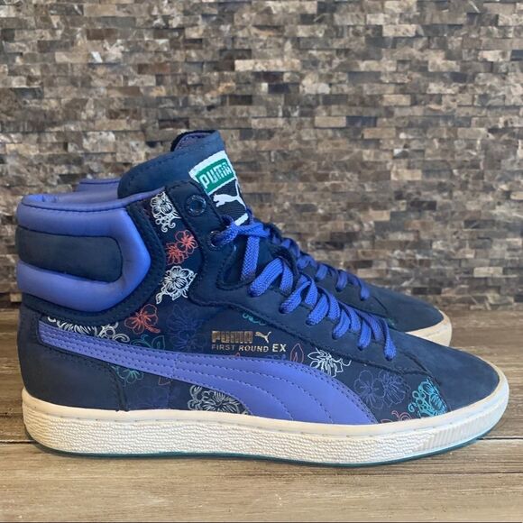 Puma | Shoes | Puma Firstround Ex Womens8 Blue Flowers Hitop | Poshmark